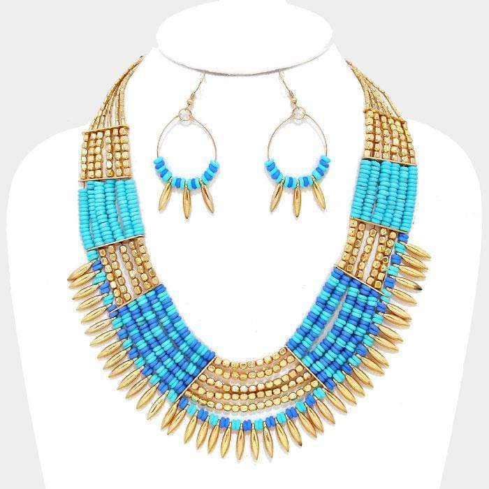 Blue Gold Beaded Spike Tribal Necklace & Earrings